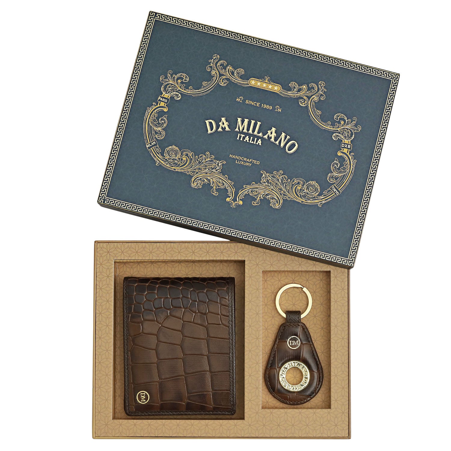 Brown Croco Leather Mens & Keychain Gift Set – Da Milano